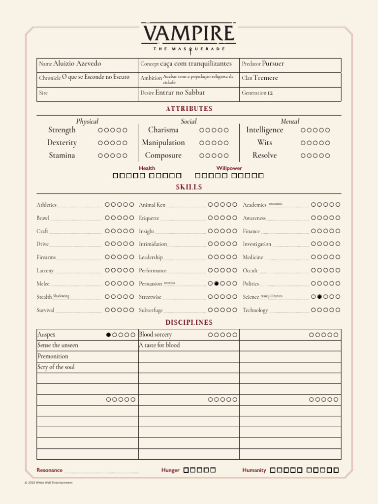 VTM Character Sheet Luiz[1] | PDF