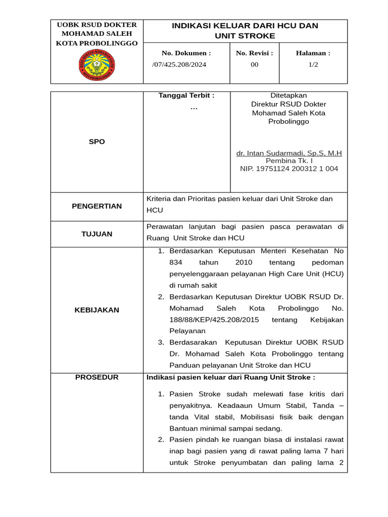 Spo Indikasi Keluar Unit Stroke Dan Hcu | PDF
