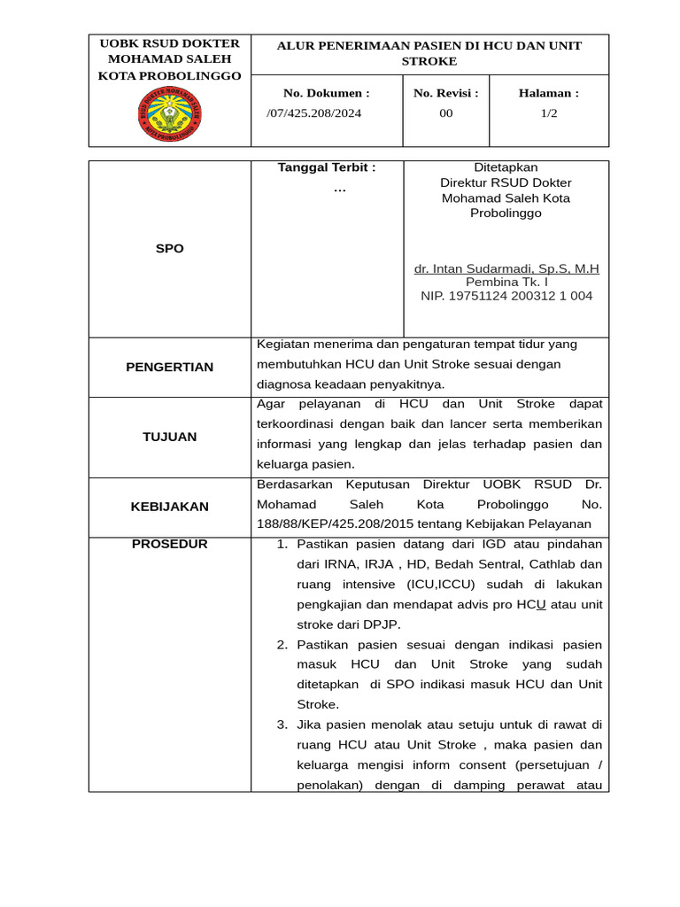 SPO ALUR PENERIMAAN PASIEN DI HCU DAN US | PDF