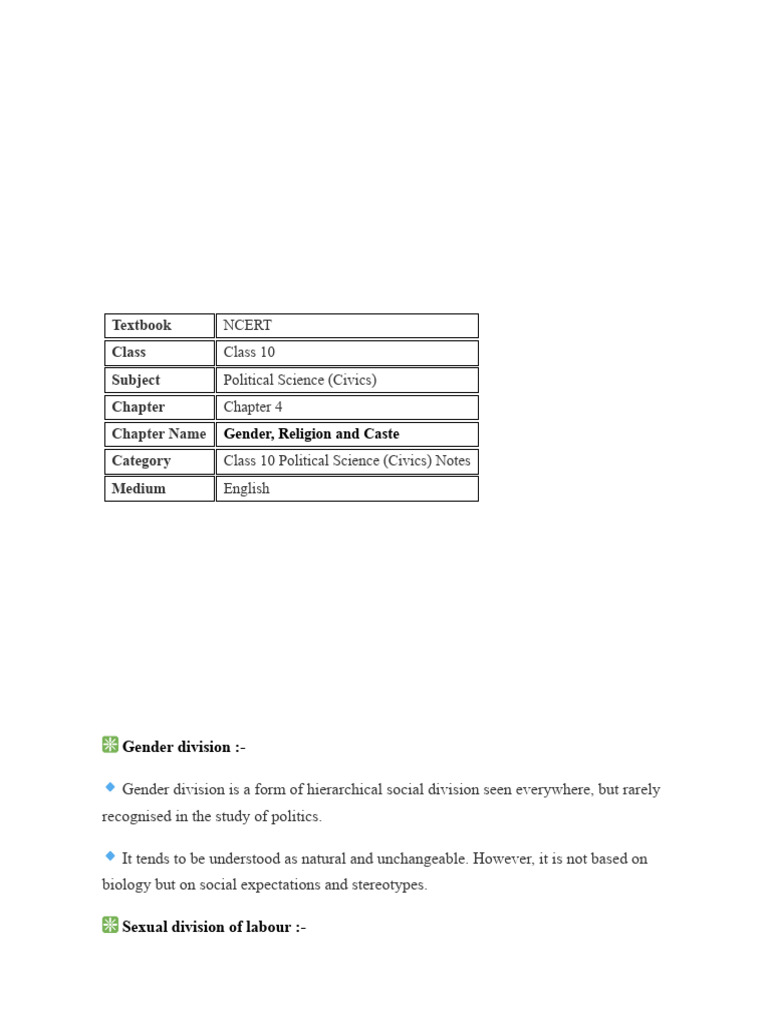 Class 10 Civics Chapter 4 Gender, Religion and Caste Notes | PDF ...