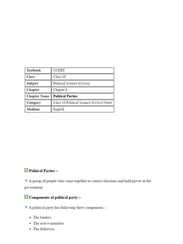 Class 10 Civics Chapter 6 Political Parties Notes | PDF | Political ...