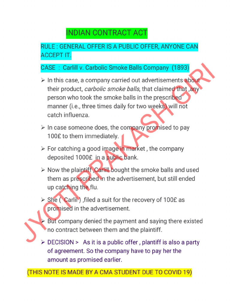 CASE STUDIES NOTE OF INDIAN CONTRACT ACT Made BY JYOTI PRAKASH GIRI | PDF