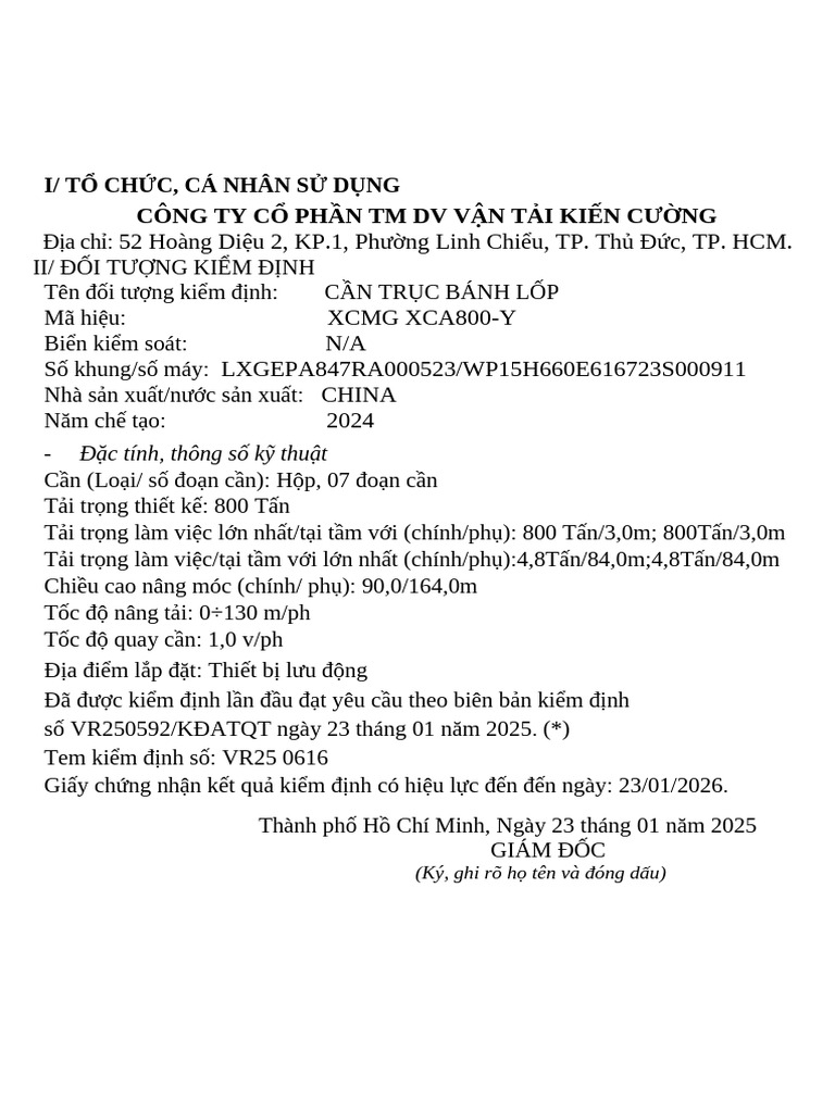 Mẫu PKQ BGTVT - XCMG Xca800 y | PDF