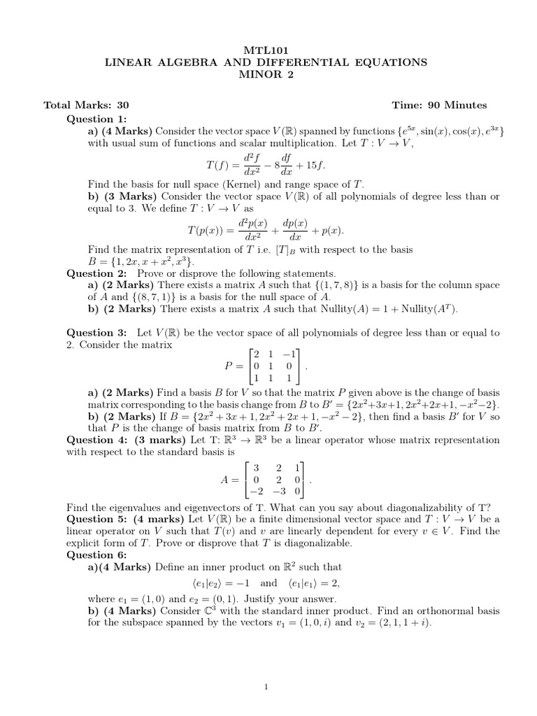 MTL101 Minor2 2019-20 Sem2 | PDF | Basis (Linear Algebra) | Matrix (Mathematics)