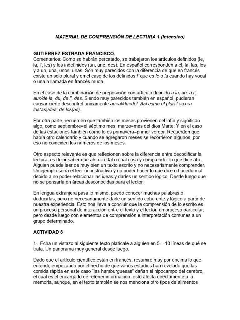 Comprensión lectora en francés: ejercicios | PDF | Lengua española