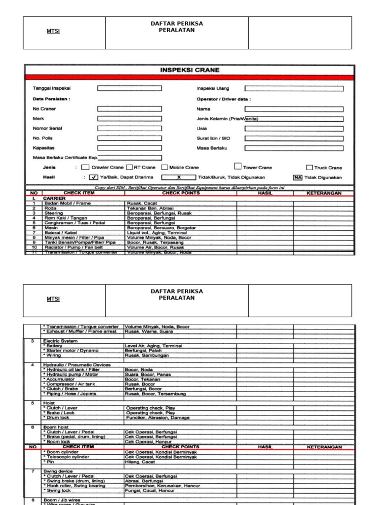 2B. Ceklis Inspeksi Alat - Contoh | PDF