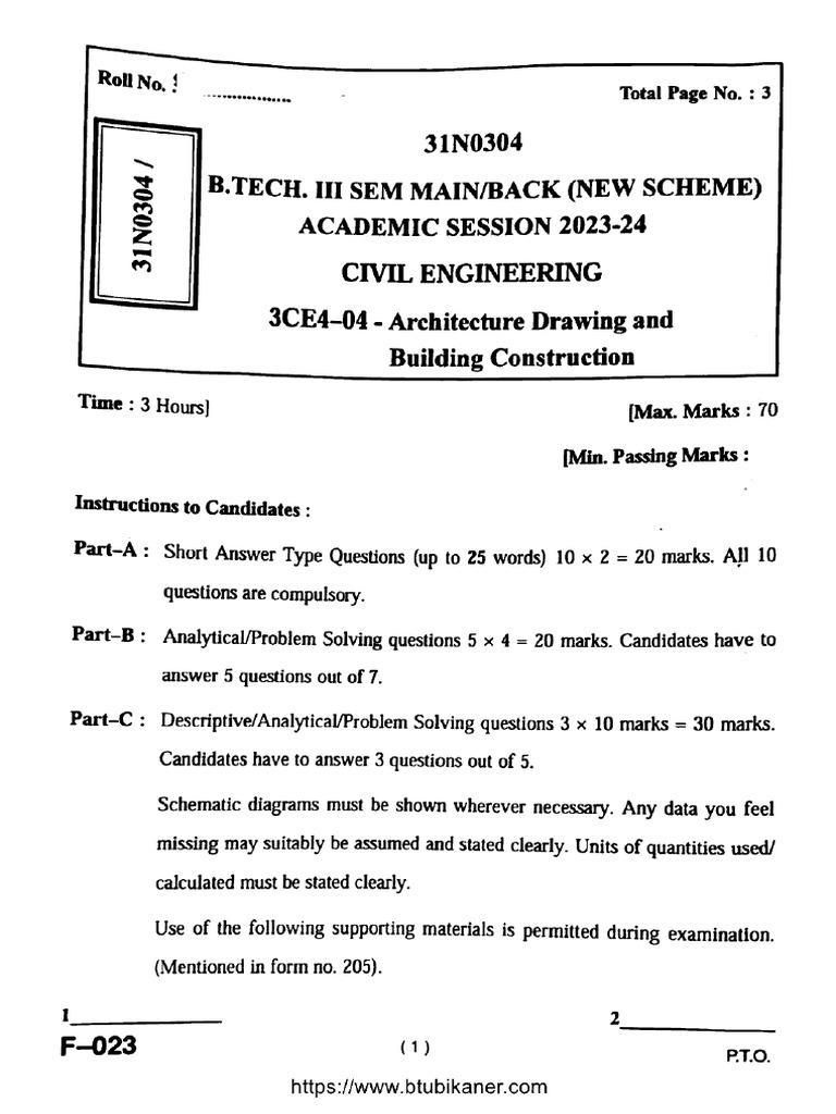 Btech Ce 3 Sem Architecture Drawing and Building Construction 31n0304 2024 | PDF
