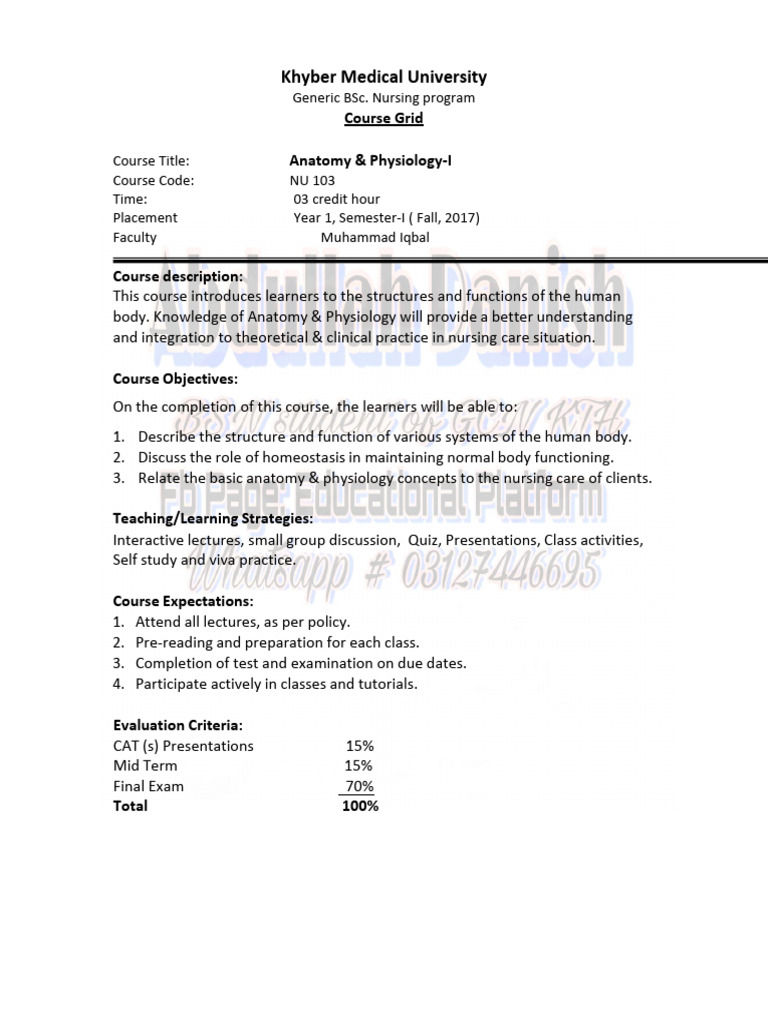 Anatomy & Physiology I Course Overview | PDF | Circulatory System ...