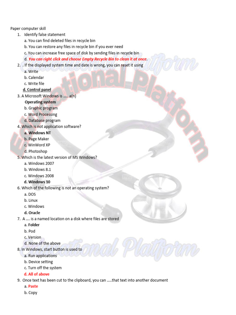 Basic Computer Skills Quiz | PDF | Computer Data Storage | Microsoft Windows