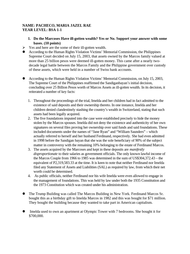 Marcos Hidden Wealth - Pacheco, Maria Jazel Rae S. | PDF