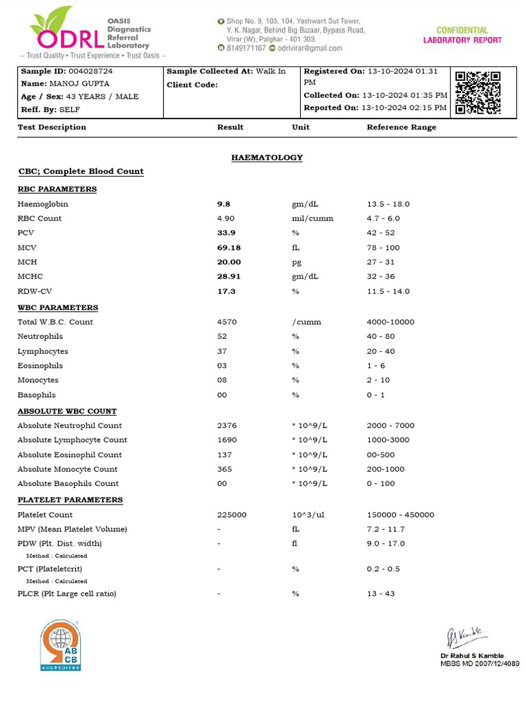 Blood Test Results for 43-Year-Old Male | PDF | White Blood Cell ...
