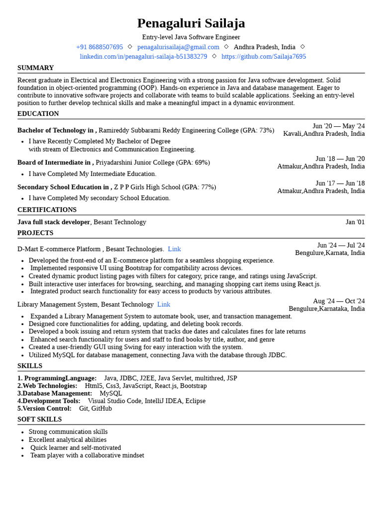 Resume Penagaluri Sailaja | PDF | Java (Programming Language) | Databases