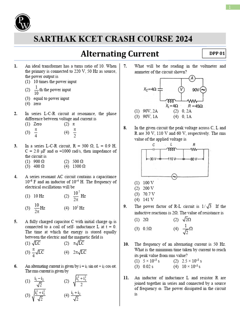 Alternating Current - DPP 01 - Sarthak KCET Crash Course 2024 | PDF | Alternating Current | Inductor
