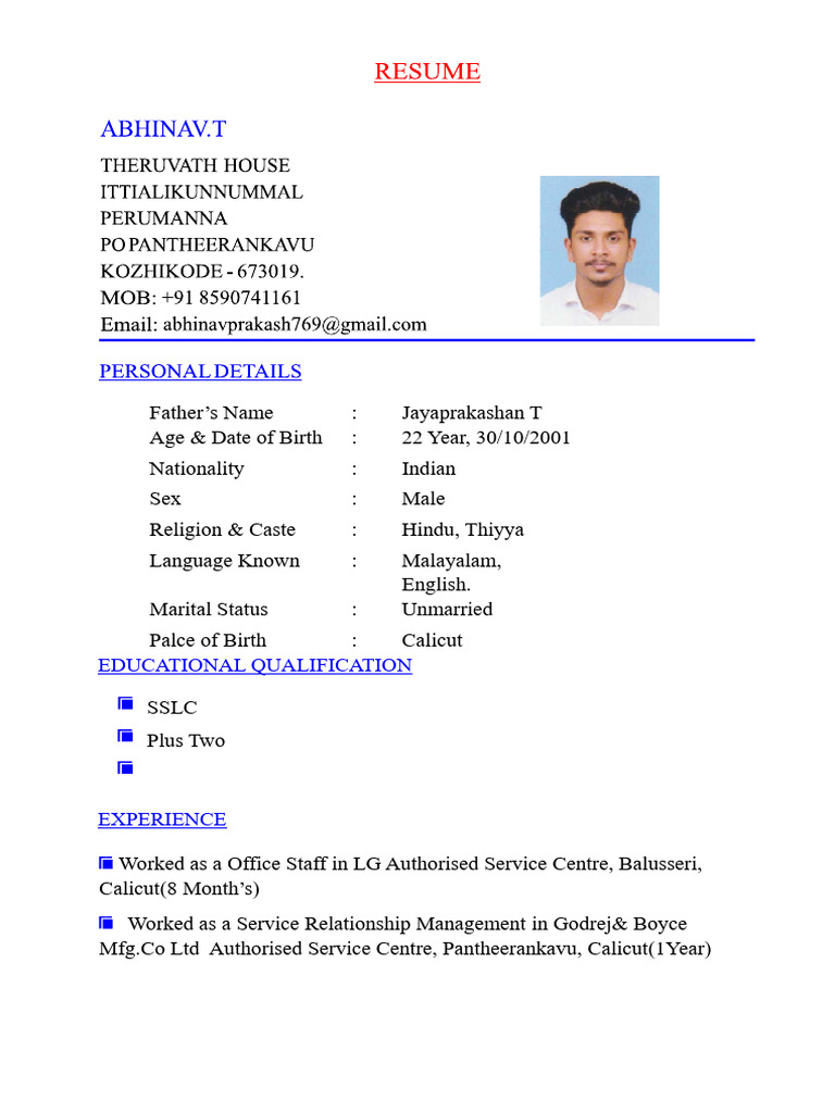 Resume of Abhinav T - Office Staff | PDF
