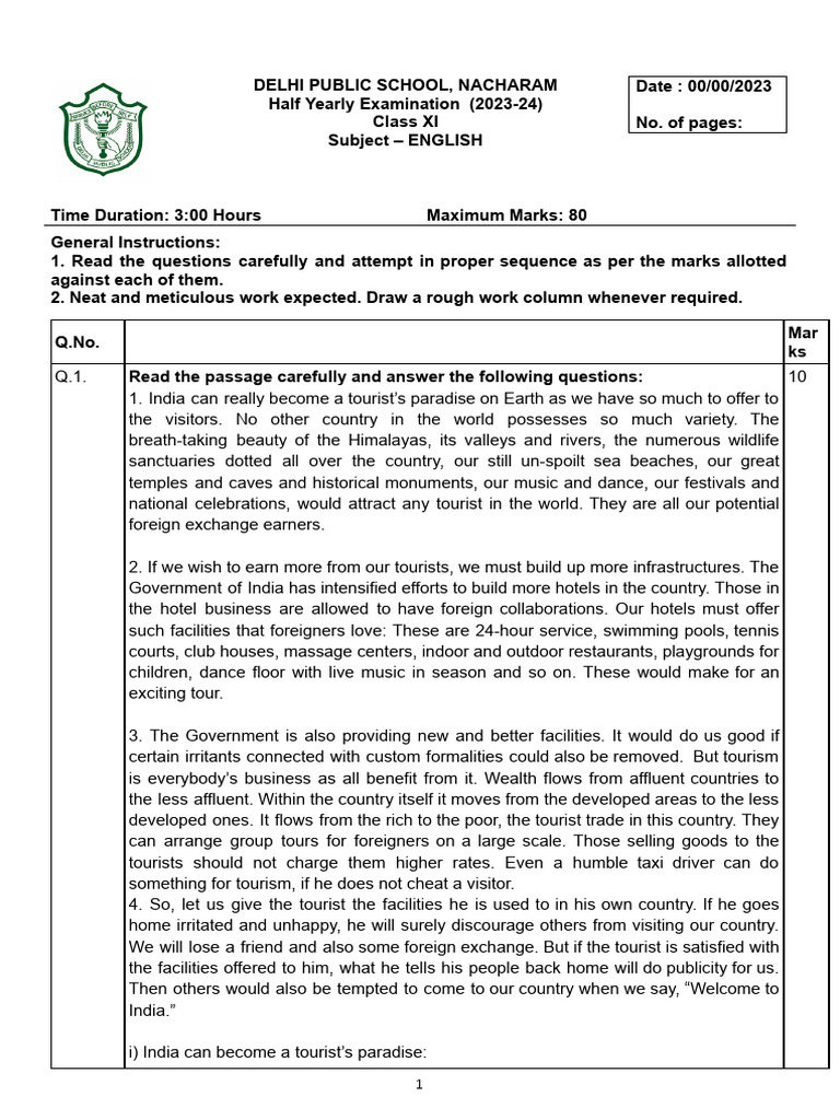 English Grade 11 Mock Term Paper | PDF | Tourism