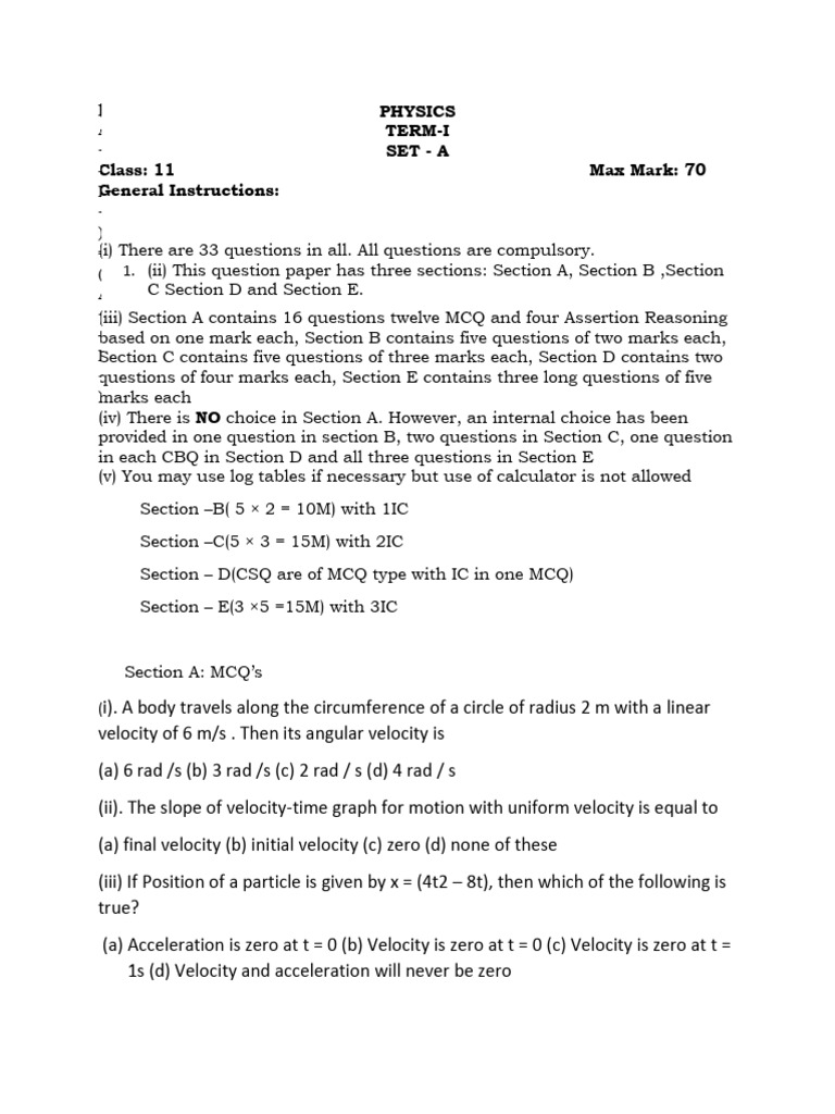 Term 1 Mock Question Paper 11 Pdf Force Velocity