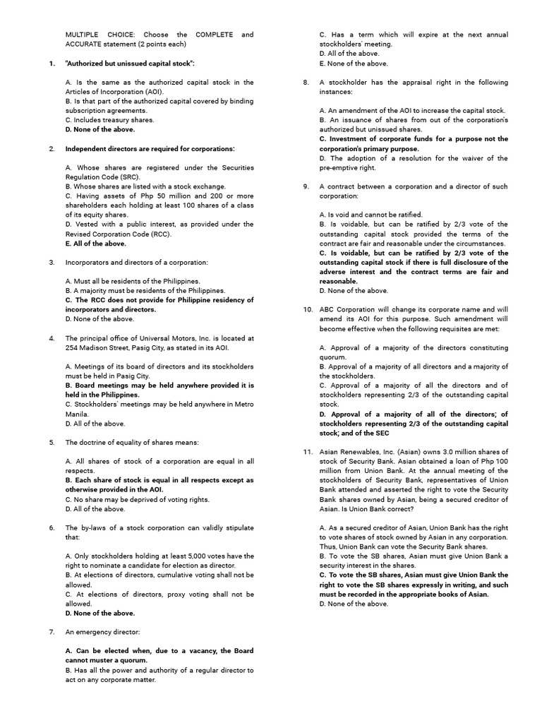 MULTIPLE CHOICE | PDF | Stocks | Corporations