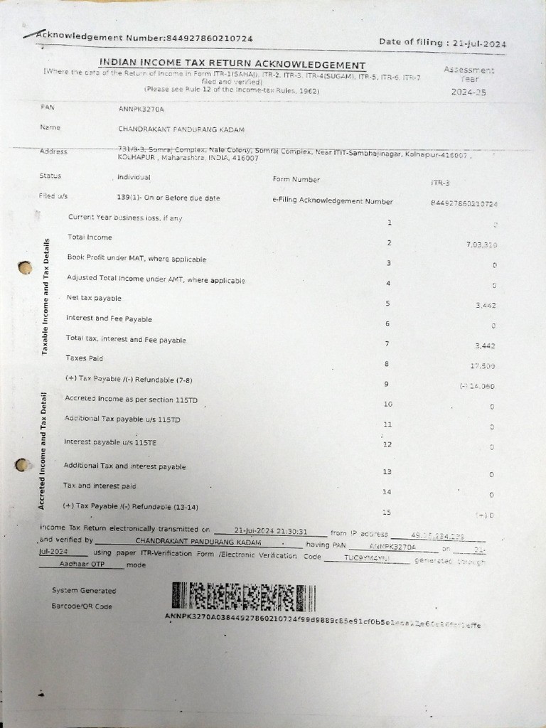 Chandrakant Kadam ITR 24-25 | PDF | Depreciation | Banks