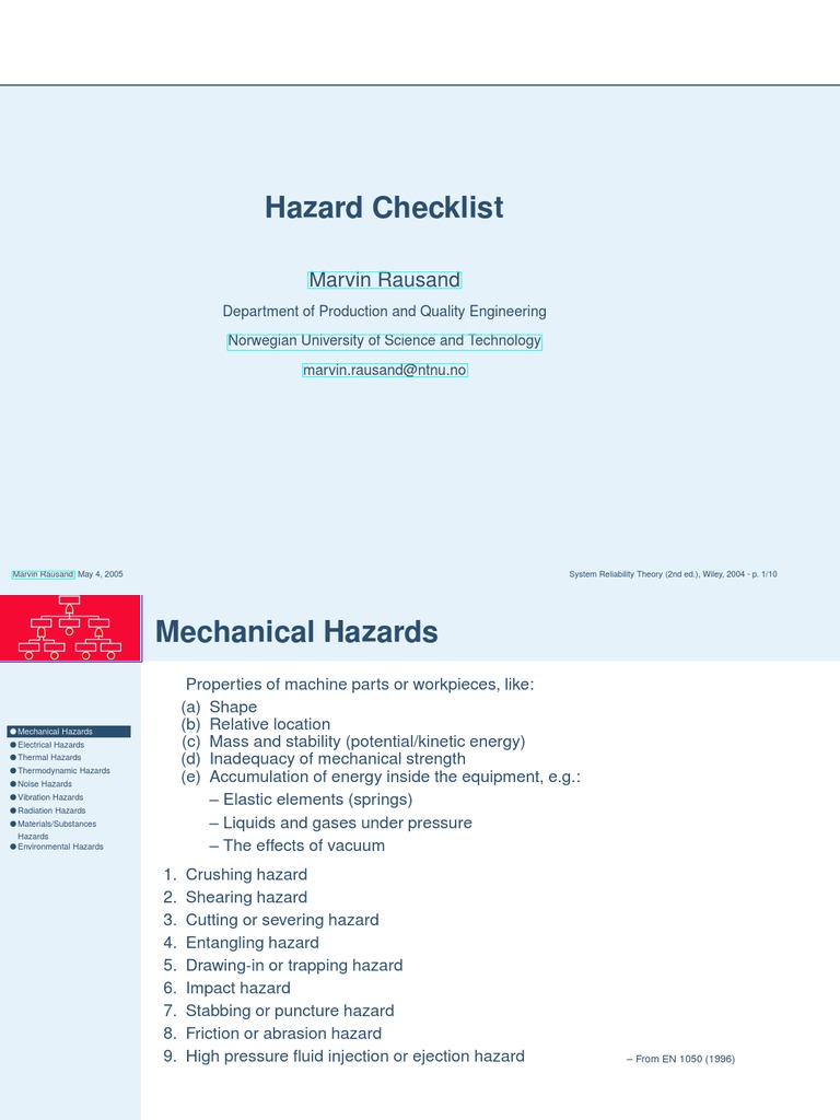 Hazard Checklist: Marvin Rausand | PDF