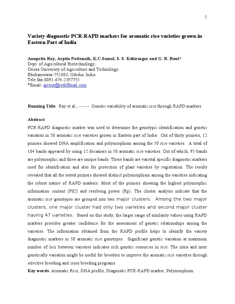 Variety Diagnostic PCR-RAPD Markers For Aromatic Rice Varieties Grown ...