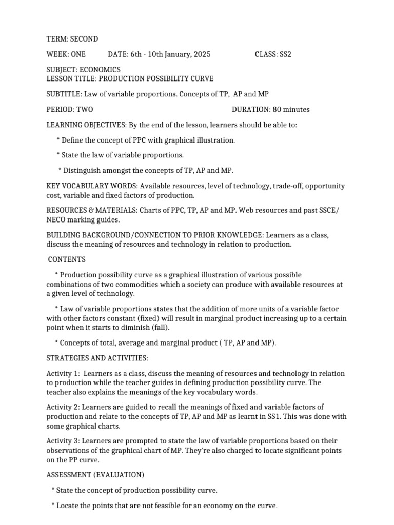 Lesson Plan Economics Ss2 Term 2 WK 1 | PDF | Economics | Cognition