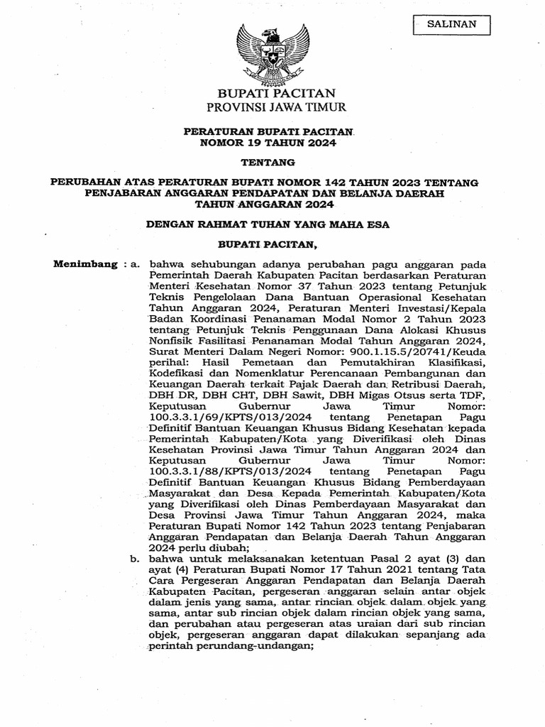 Perbup No 019 Tahun 2024 - Salinan - Perubahan Atas | PDF