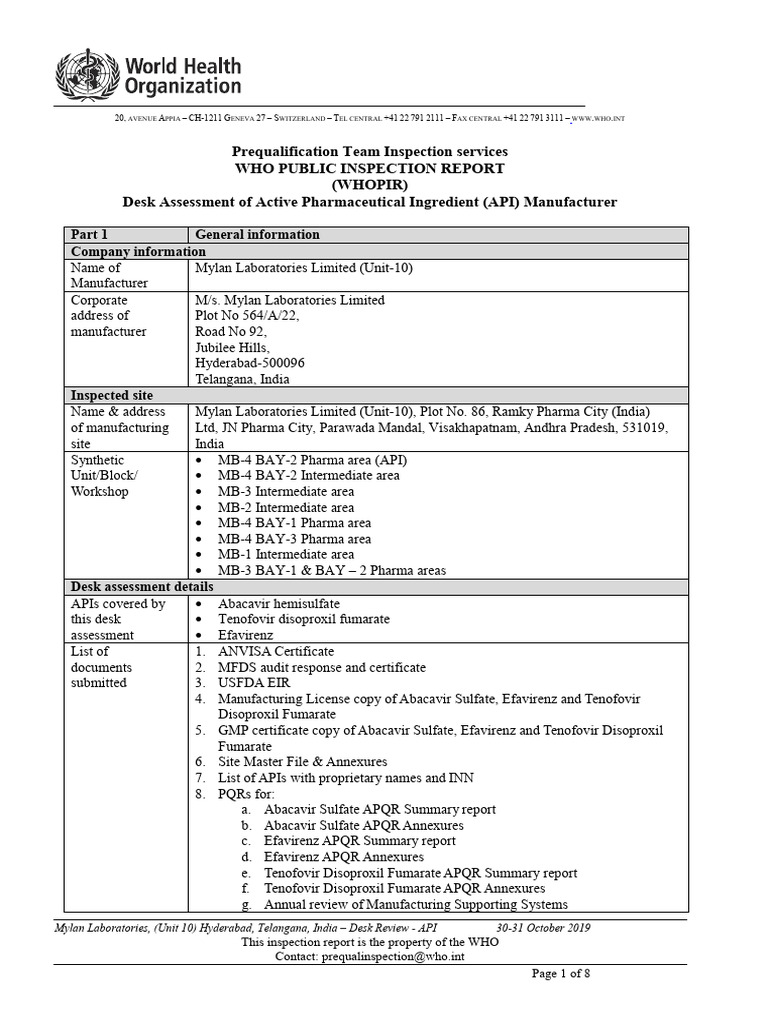 Mylan Unit 10 API Inspection Report | PDF
