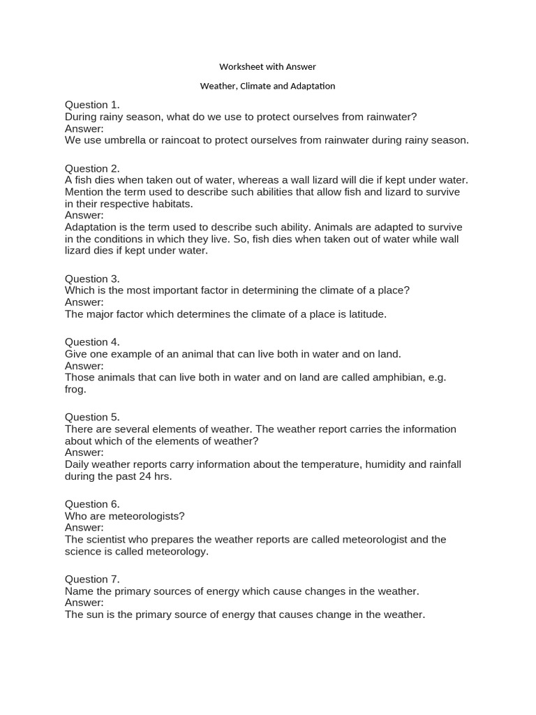 Worksheet With Answer Weather | PDF | Weather | Meteorology
