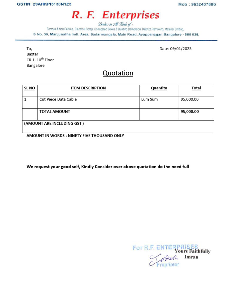 Quotation for Data Cable Supply | PDF