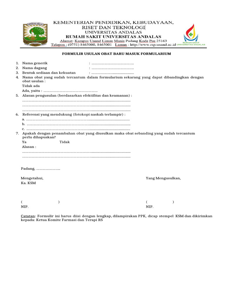 Formulir Usulan Obat Baru RS Unand | PDF