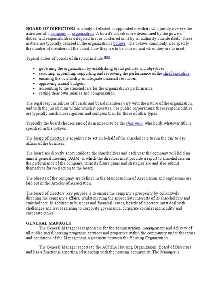 Board Of Directors Is A Body Of Elected Or Appointed Members Who