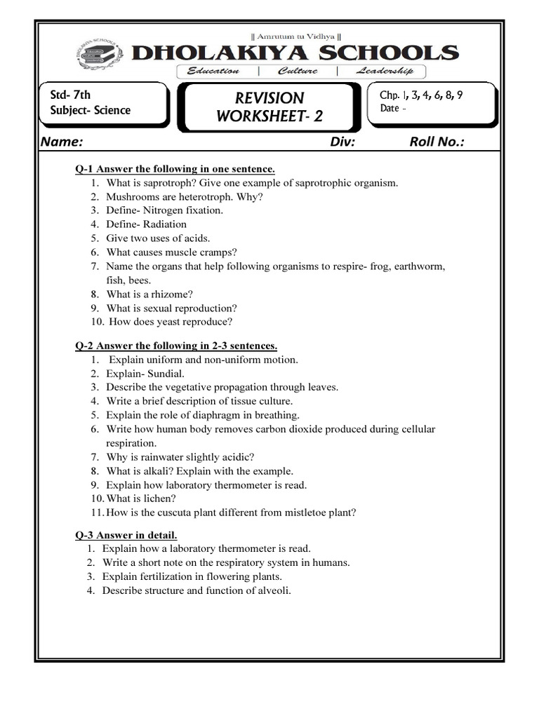 7th Revision WS (1) | PDF | Breathing | Plants
