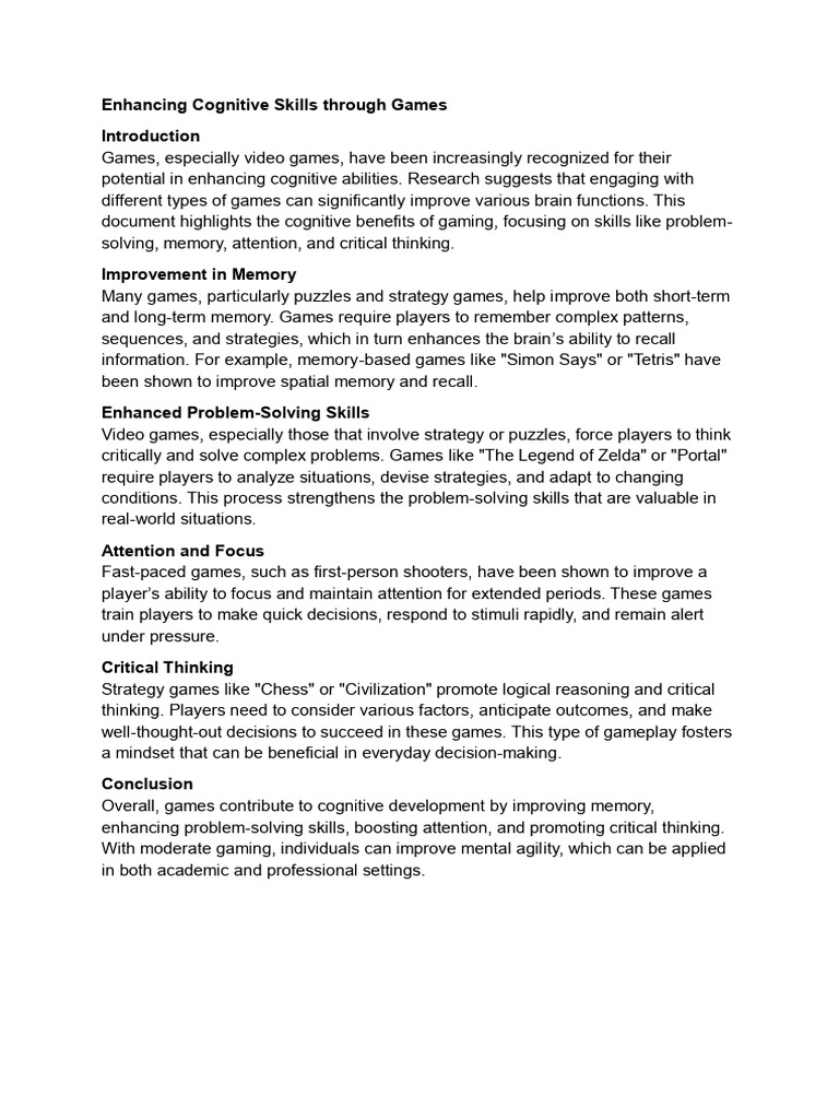 Enhancing Cognitive Skills Through Games. | PDF