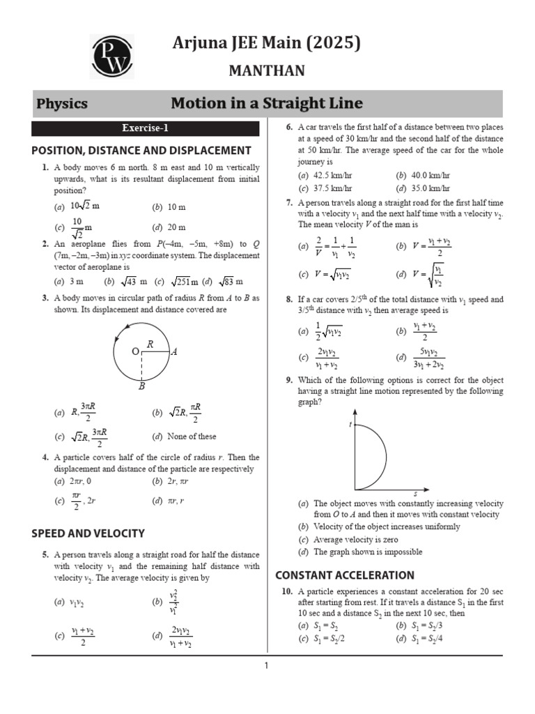 Motion in A Straight Line - JEE Main Practice Sheet | PDF ...