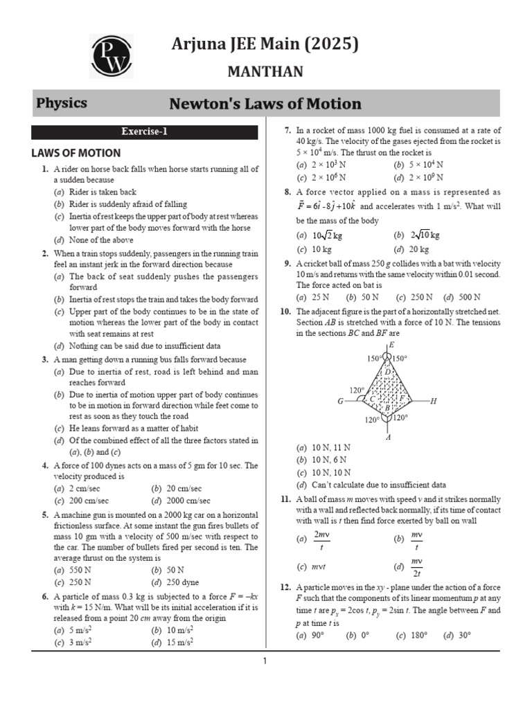 Newton's Laws of Motion _ JEE Main Practice Sheet | PDF | Force | Tension (Physics)