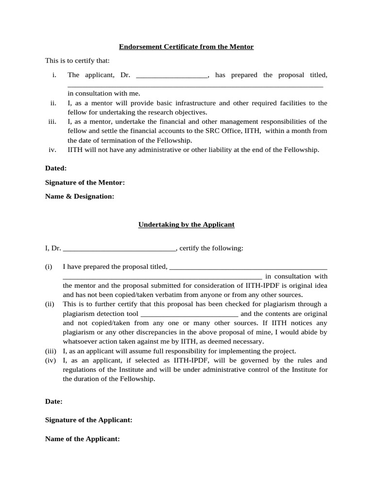 IITH-IPDF Endorsement From The Mentor and Undertaking by Applicant | PDF