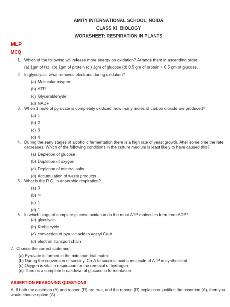 Worksheet Respiration in Plants - Classxi | PDF | Cellular Respiration ...