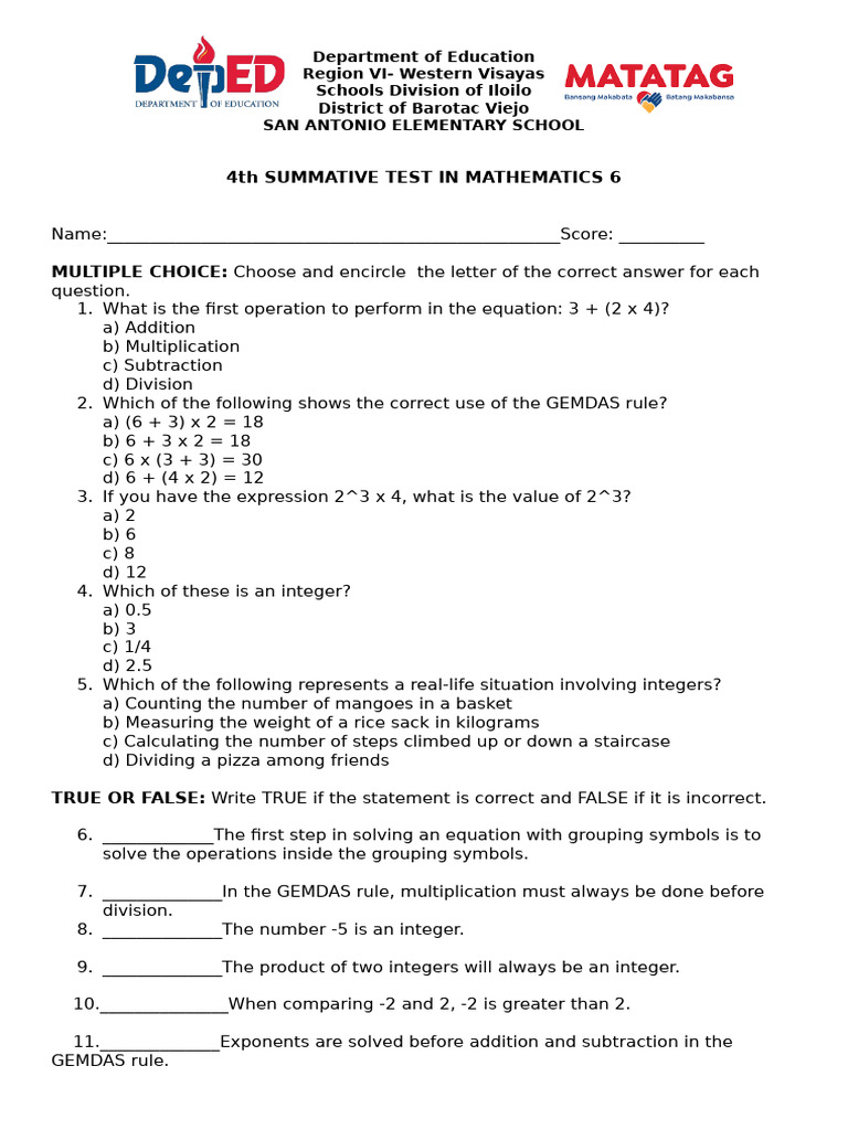 MATH 6 SUMMATIVE 04 edited | PDF | Numbers | Integer