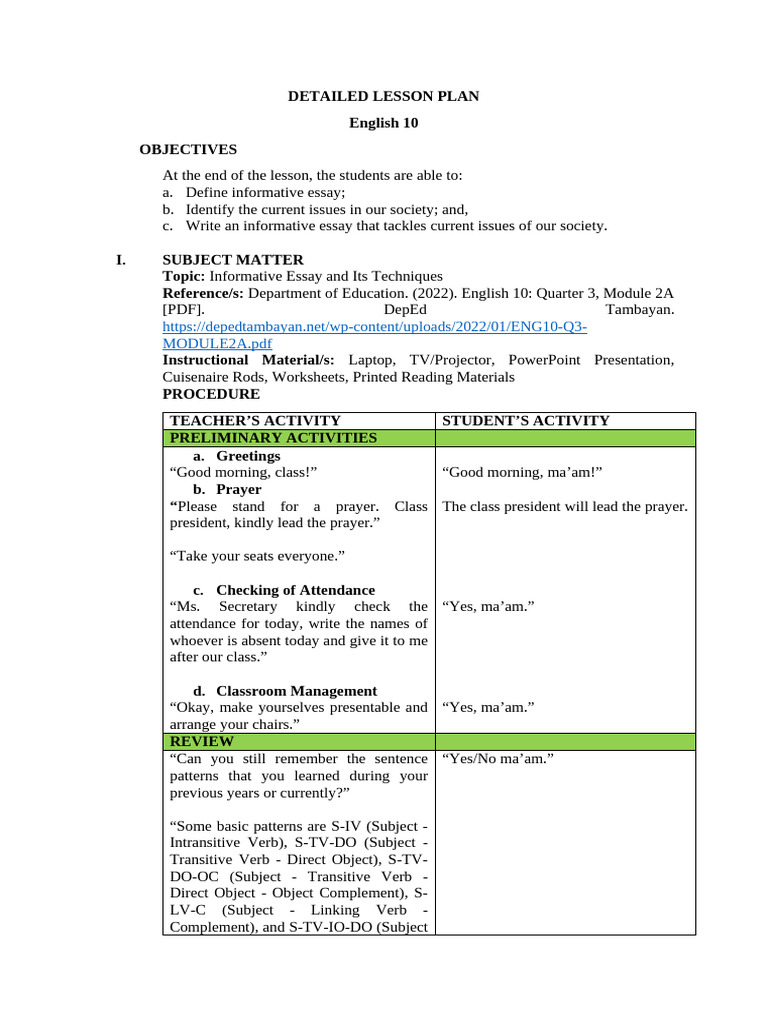 Lesson Plan Informative Essay | PDF | Verb | Subject (Grammar)