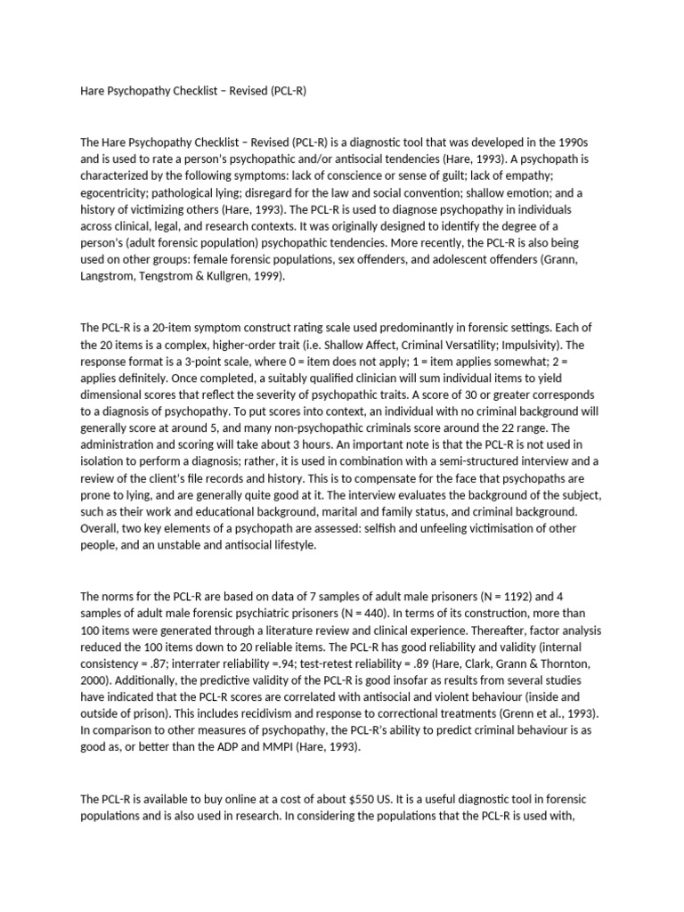 Hare Psychopathy Checklist | PDF | Psychopathy | Abnormal Psychology