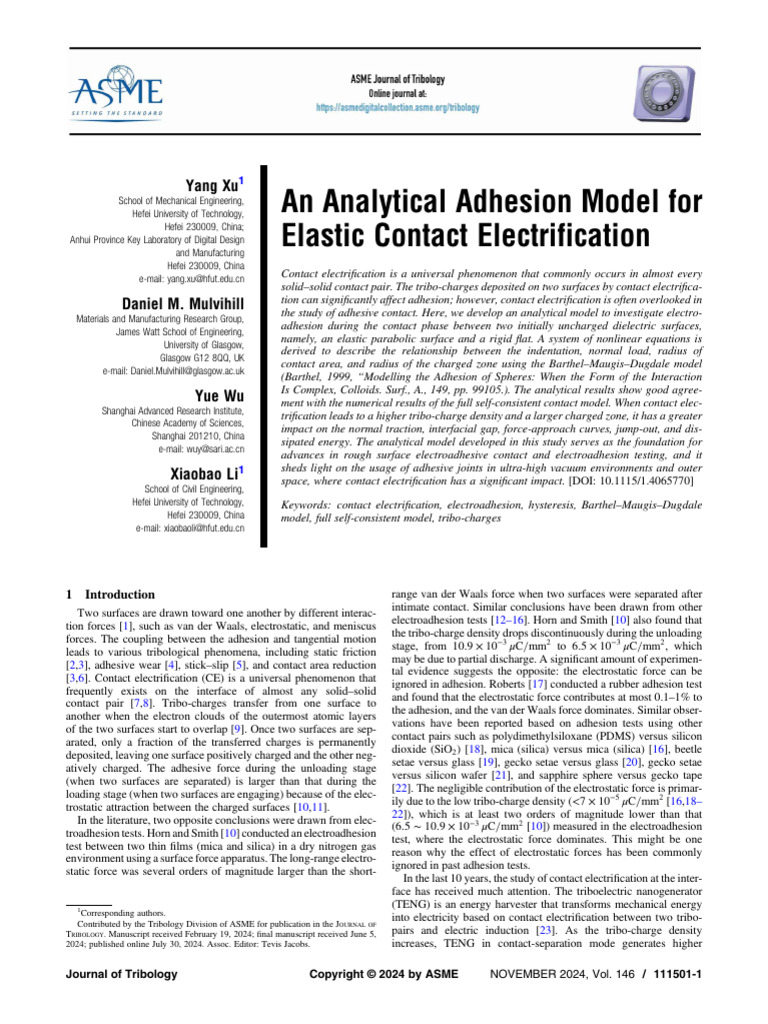 An analytical adhesion model for elastic contact electrification | PDF ...