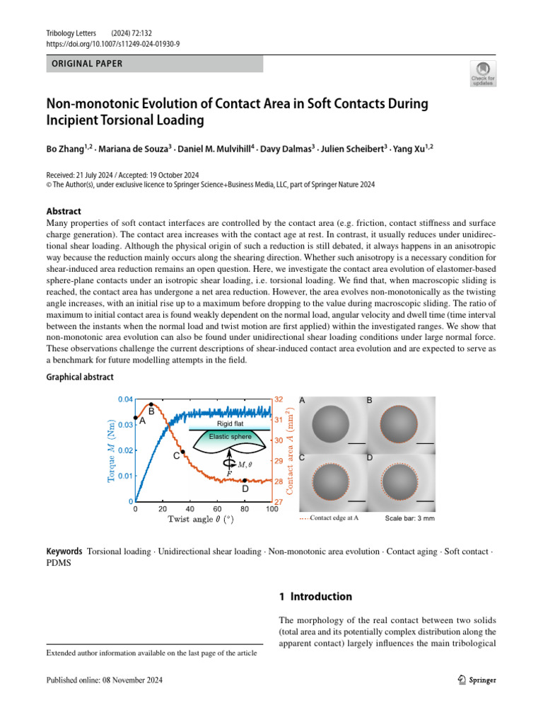 Non-Monotonic Evolution of Contact Area in Soft Contacts During Incipient Torsional Loading ...