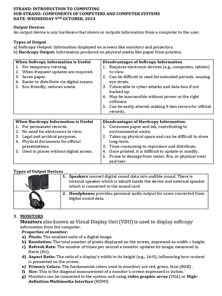 Basic 8 s1 Output Devices | PDF | Printer (Computing) | Computer Monitor