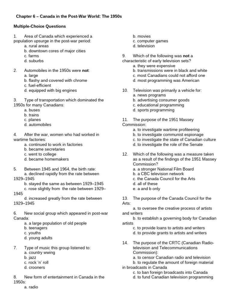 Post-War Canada: 1950s Quiz Questions | PDF | Suez Crisis ...