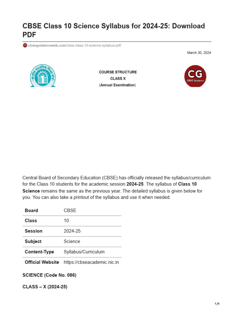 CBSE Class 10 Science Syllabus For 2024 25 Download PDF | PDF ...