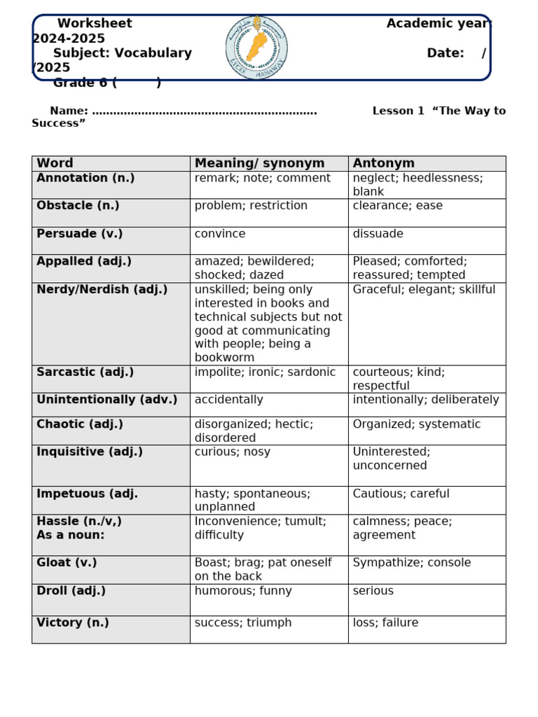 vocab sheet grade 6 | PDF
