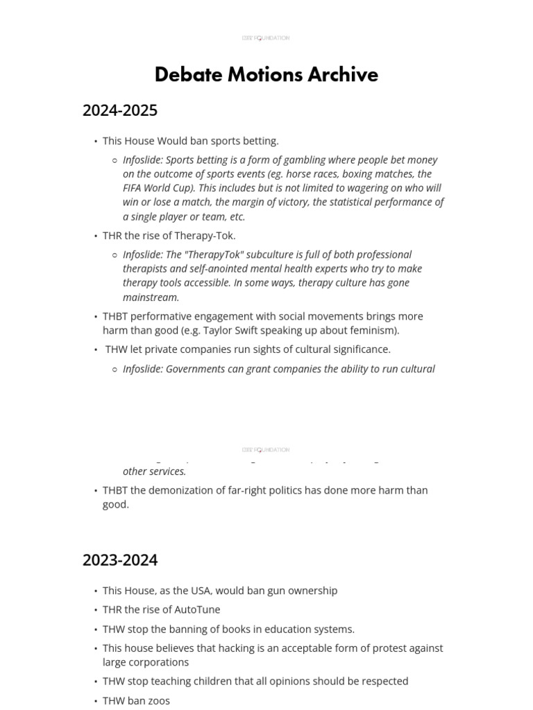 Debate Motions Archive - BEST Foundation | PDF | Balkans | Gambling