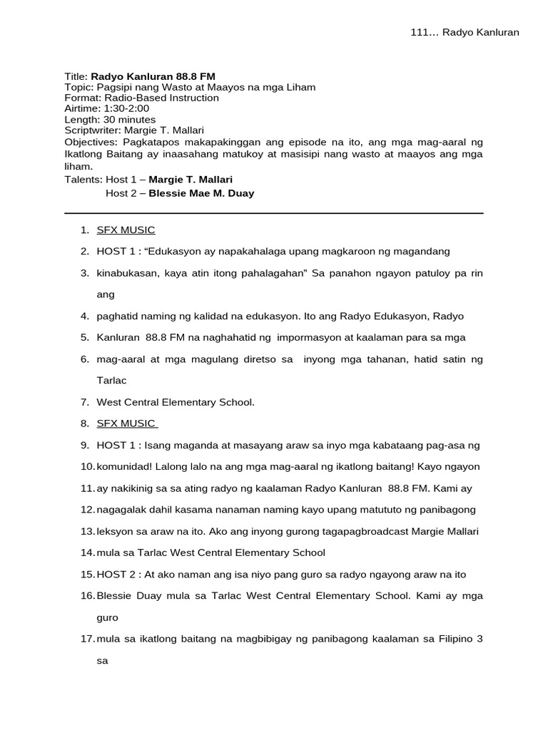 CHECKED RBI SCRIPT - FILIPINO 3 - Q3W4 | PDF