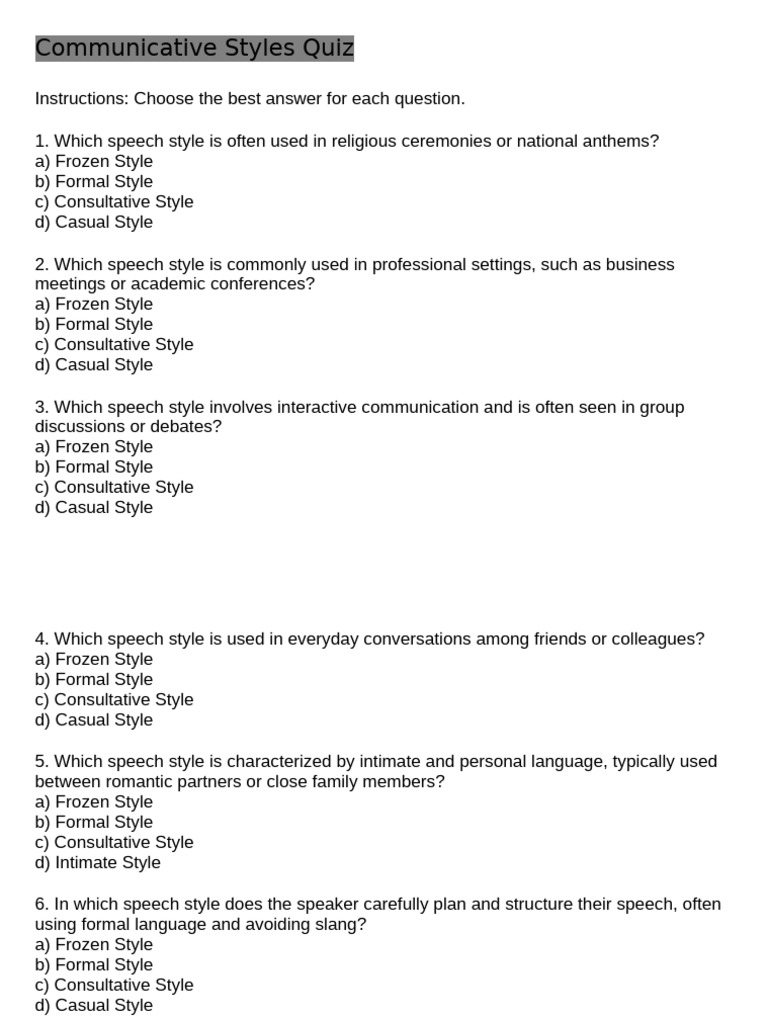 Communicative Styles Quiz for Grade 9 | PDF | Conversation | Communication