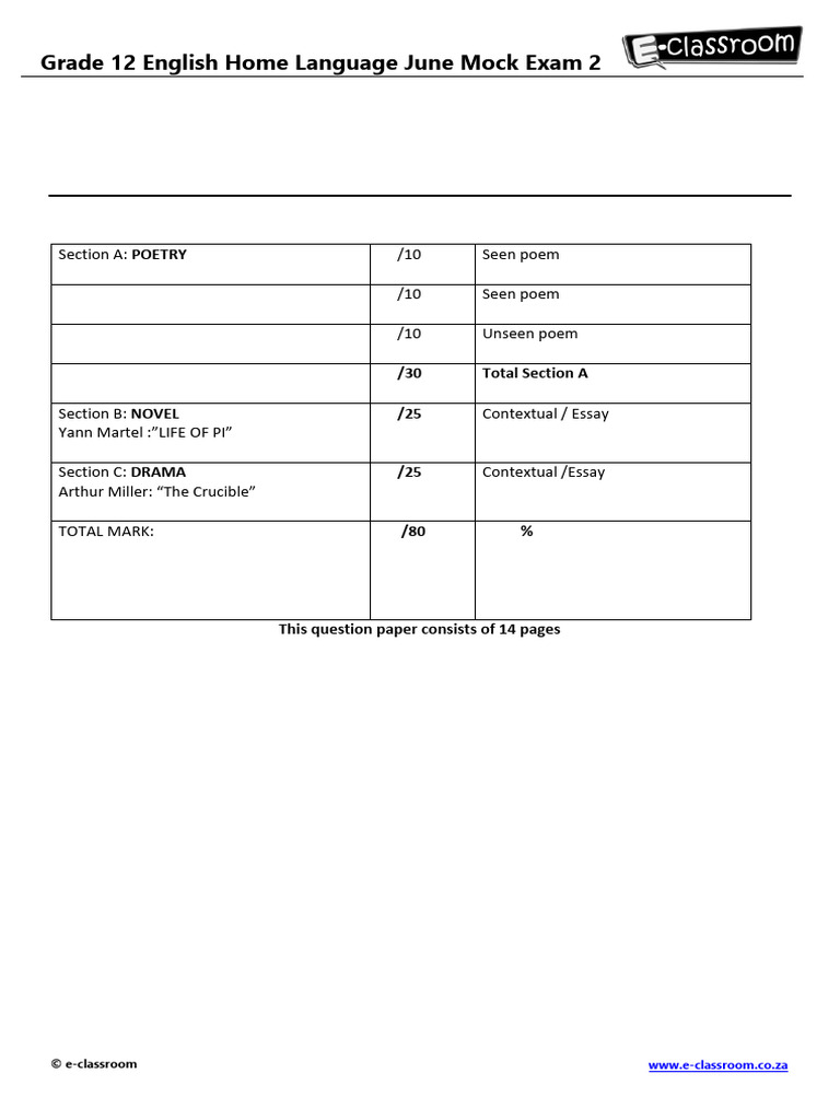 Gr12ehl June Mock Paper 2 Literature Poems and Novels | PDF